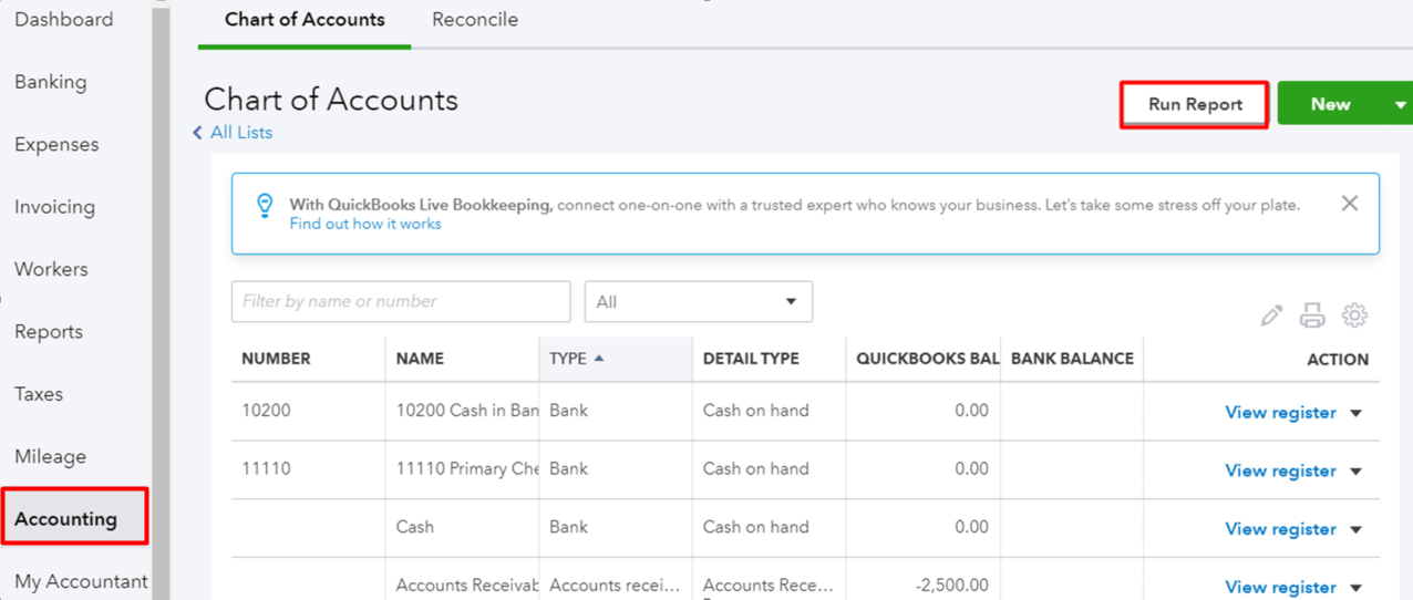 Export QuickBooks Chart of Accounts