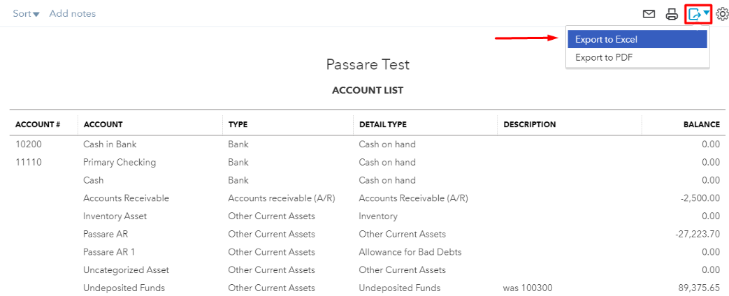 Export QuickBooks Chart of Accounts